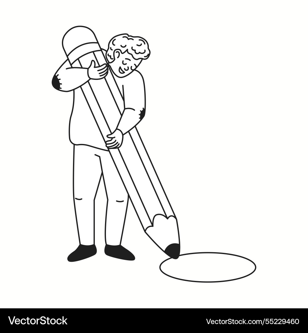 Man draws circle with oversized pencil linear icon