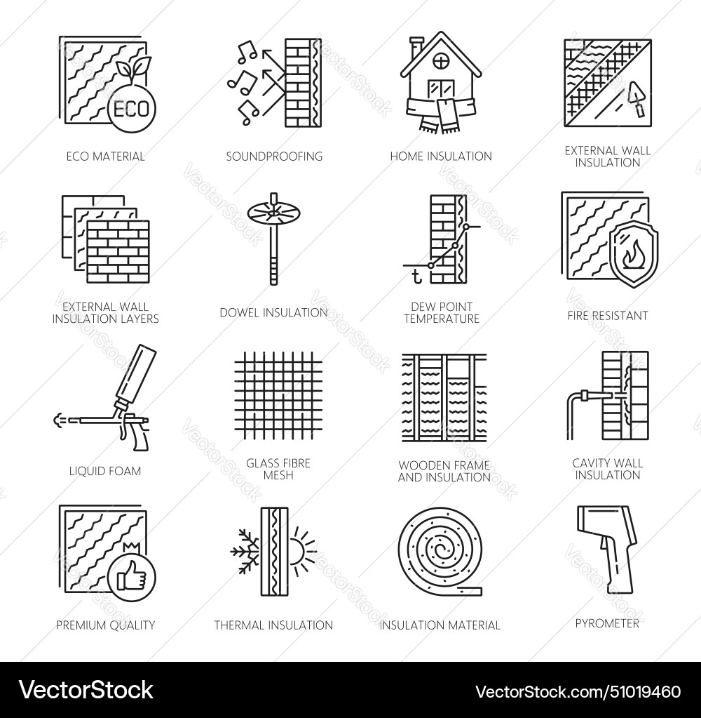 Wall thermal insulation icons mineral wool tools Vector Image