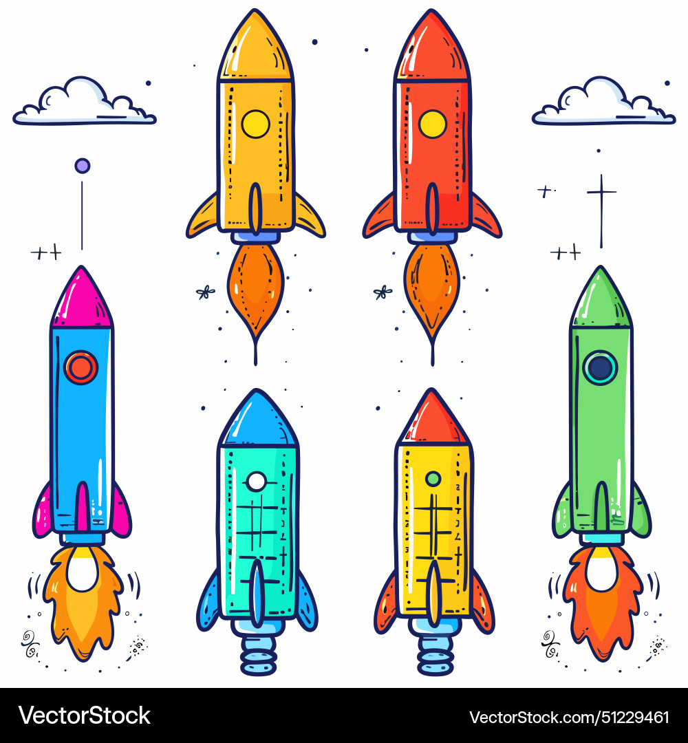 Six colorful rockets launching cartoon style Vector Image