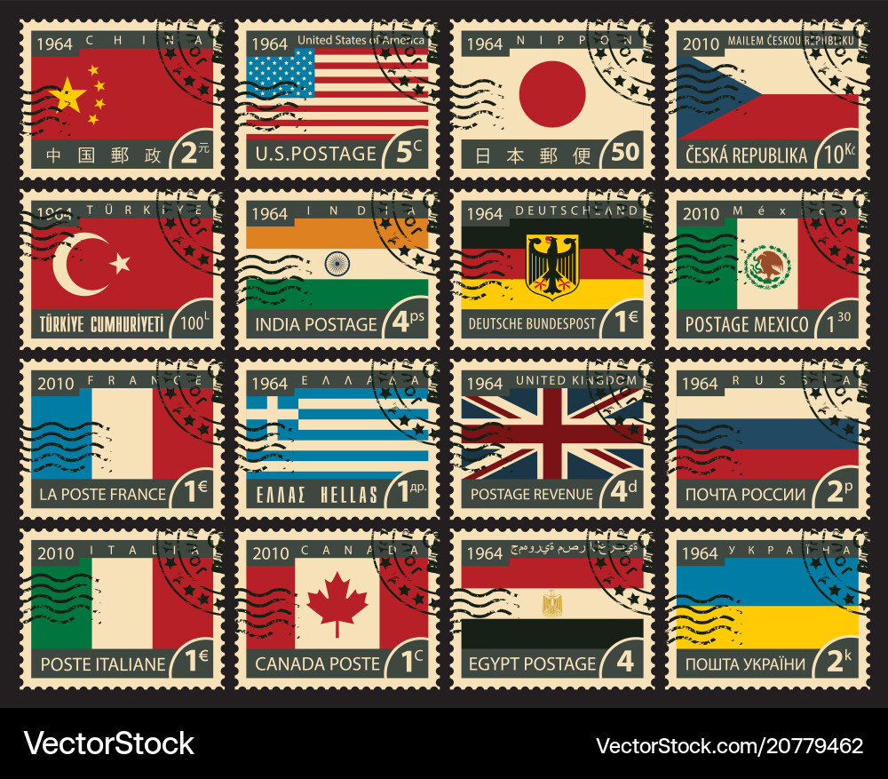 Set of stamps with flags different countries Vector Image