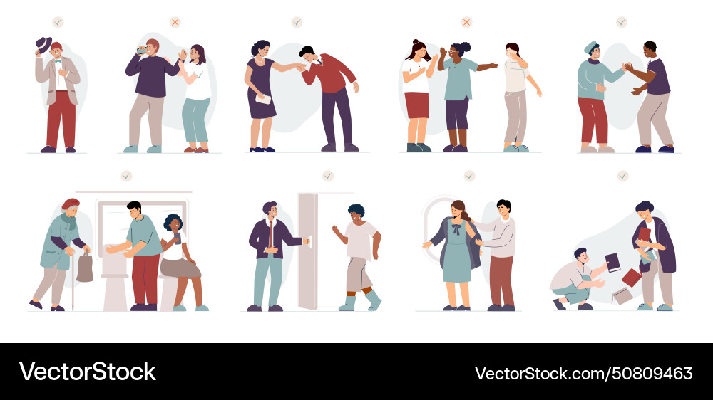 Social etiquette rules flat set Royalty Free Vector Image