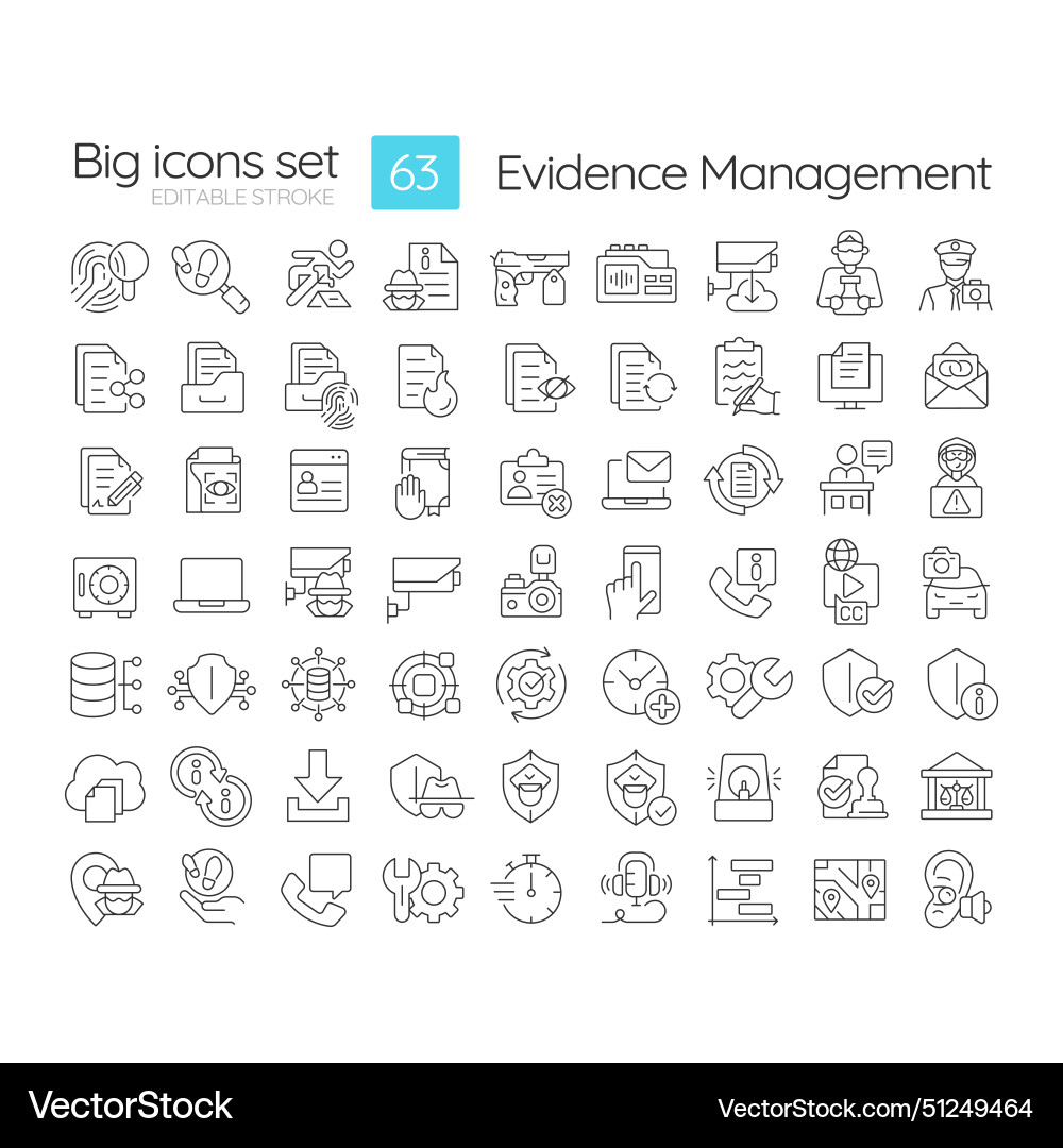 Evidence management linear icons set Royalty Free Vector
