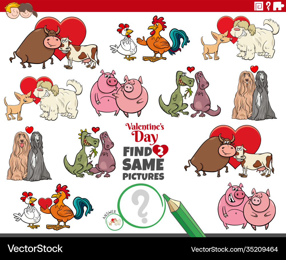 Find two same cartoon animal couples Royalty Free Vector