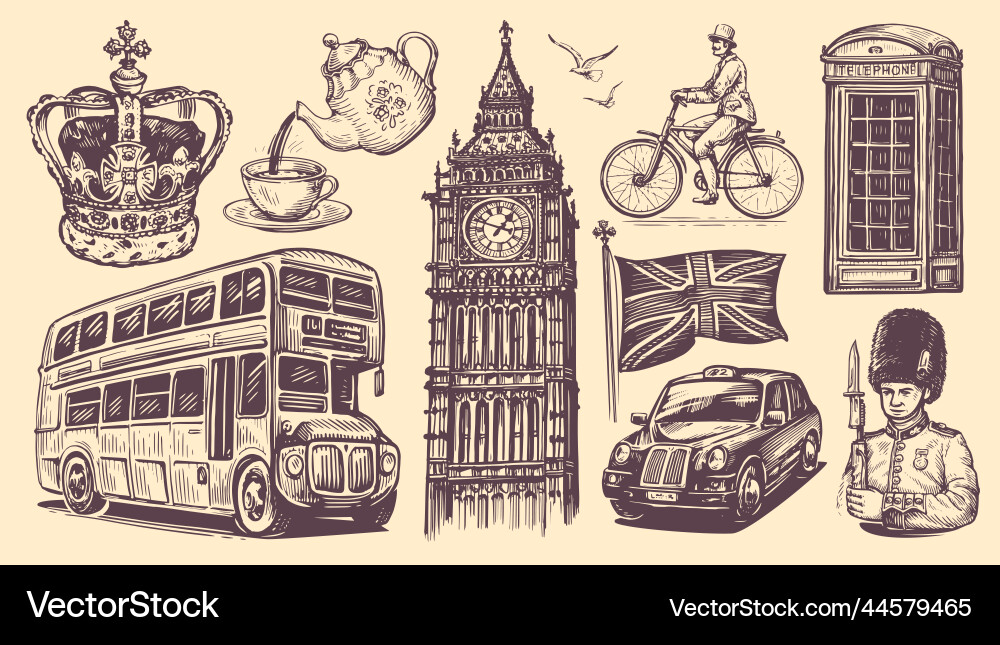 Hand drawn sketch england set london Royalty Free Vector