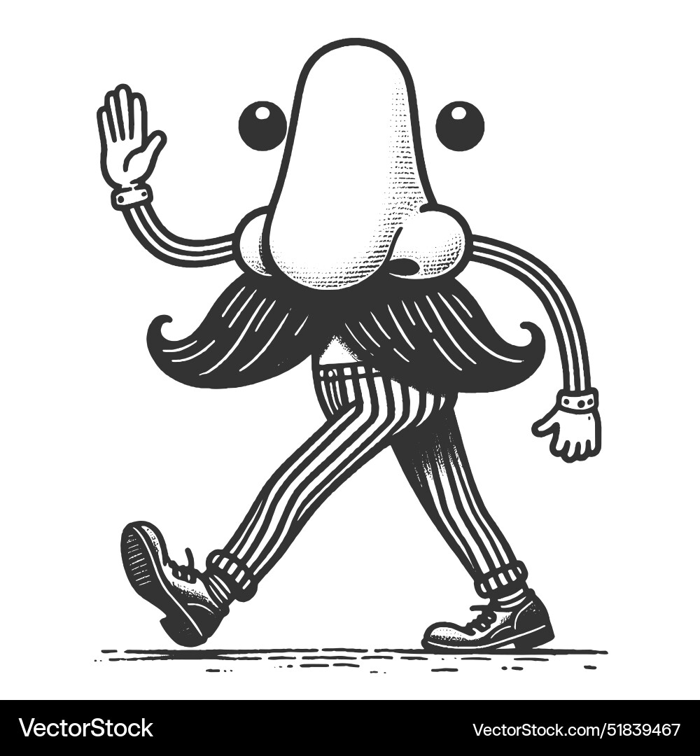 Walking nose with mustache engraving Royalty Free Vector