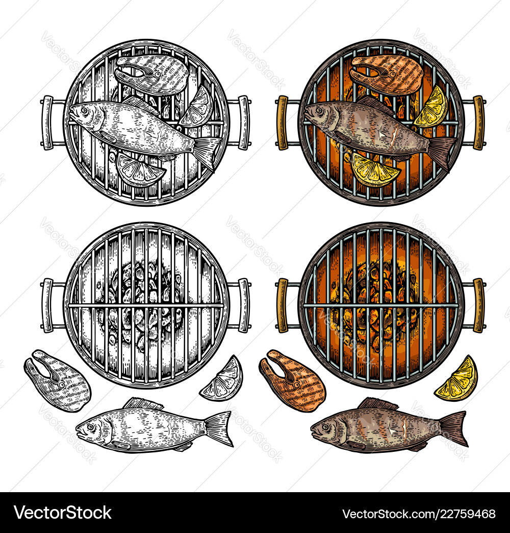 Barbecue grill top view with charcoal fish steak Vector Image