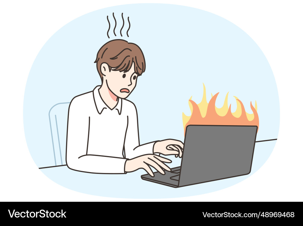 Man work on burning computer Royalty Free Vector Image
