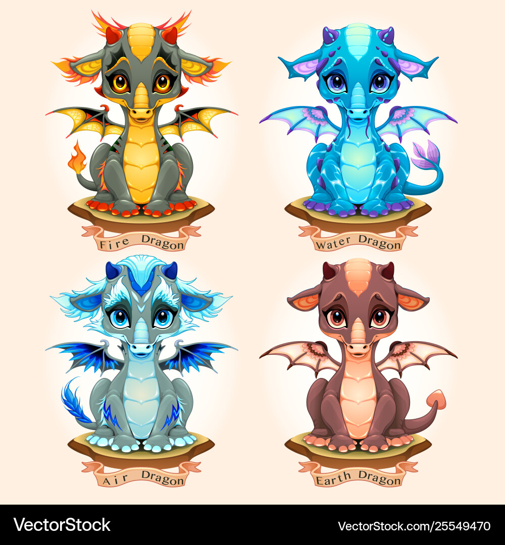 Collection four natural element baby dragons Vector Image