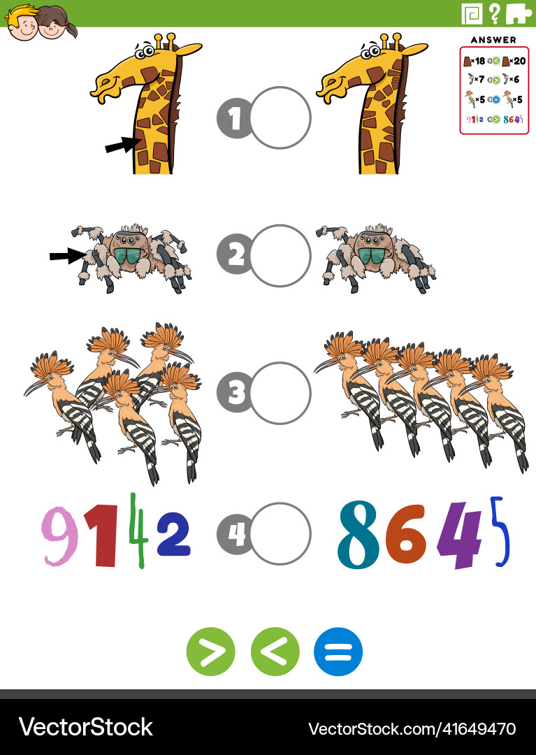 Greater less or equal cartoon task for children Vector Image