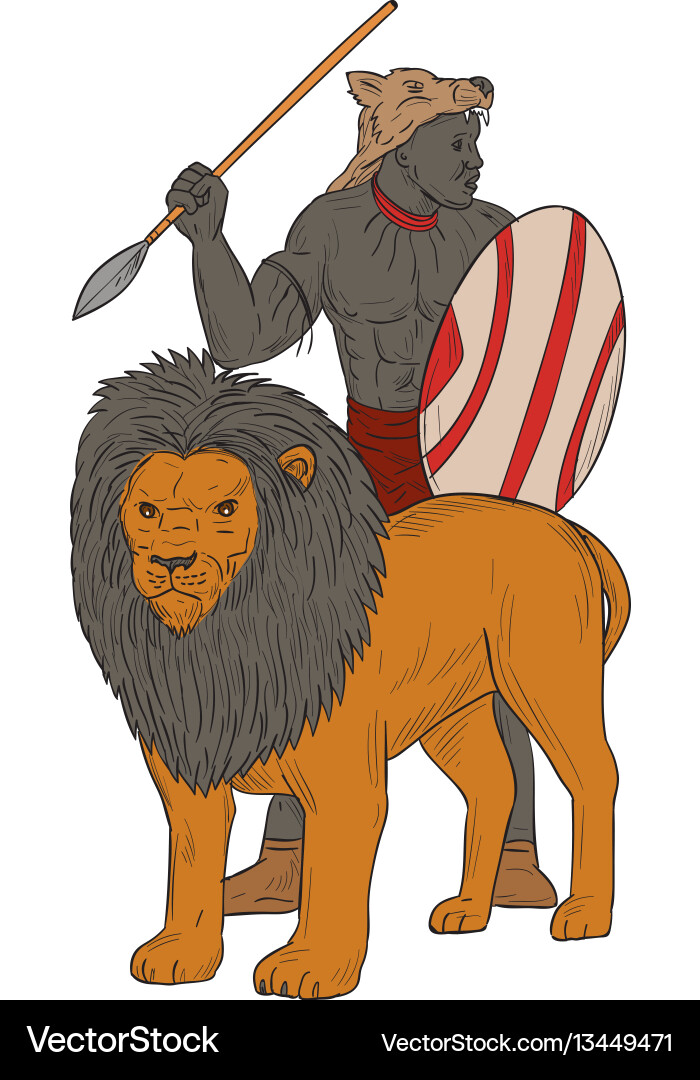 African warrior spear hunting with lion drawing Vector Image