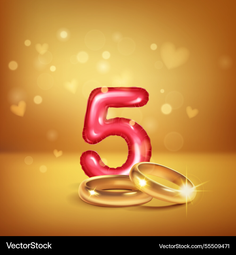 Red number 5 and gold wedding rings Royalty Free Vector