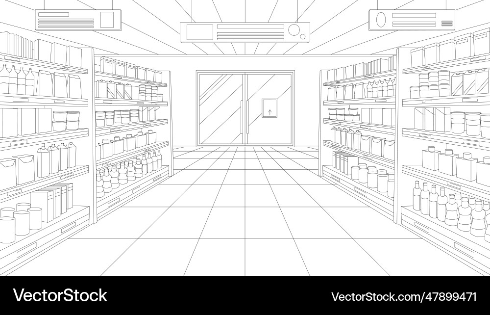 Supermarket or grocery store aisle perspective Vector Image