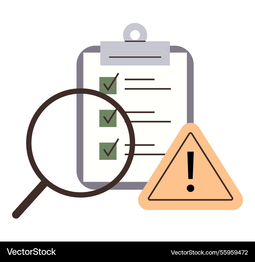 Checklist with magnifying glass and warning sign Vector Image