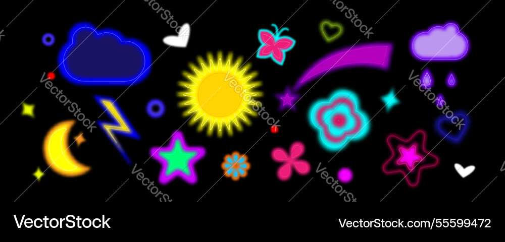 Neon y2k shapes on black background Royalty Free Vector