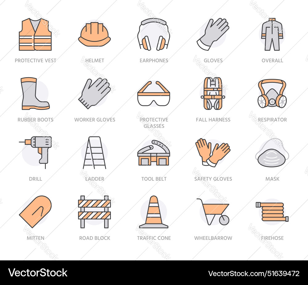 Safety equipment required ppe flat line icons set Vector Image