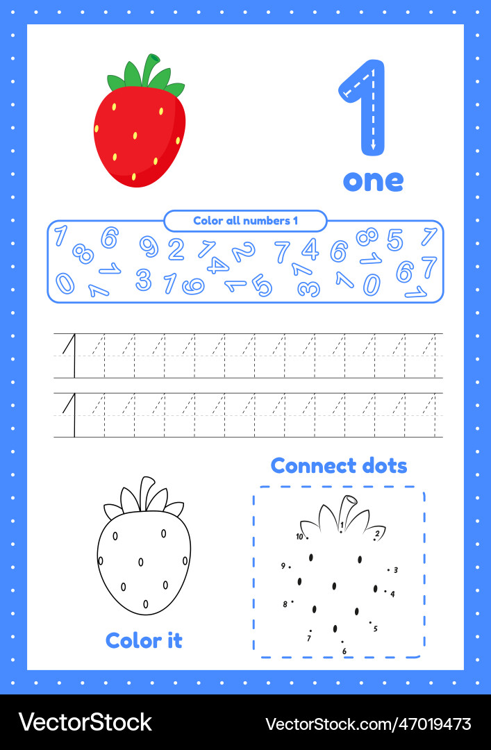 Number 1 Trace & Color Worksheet Royalty Free Vector