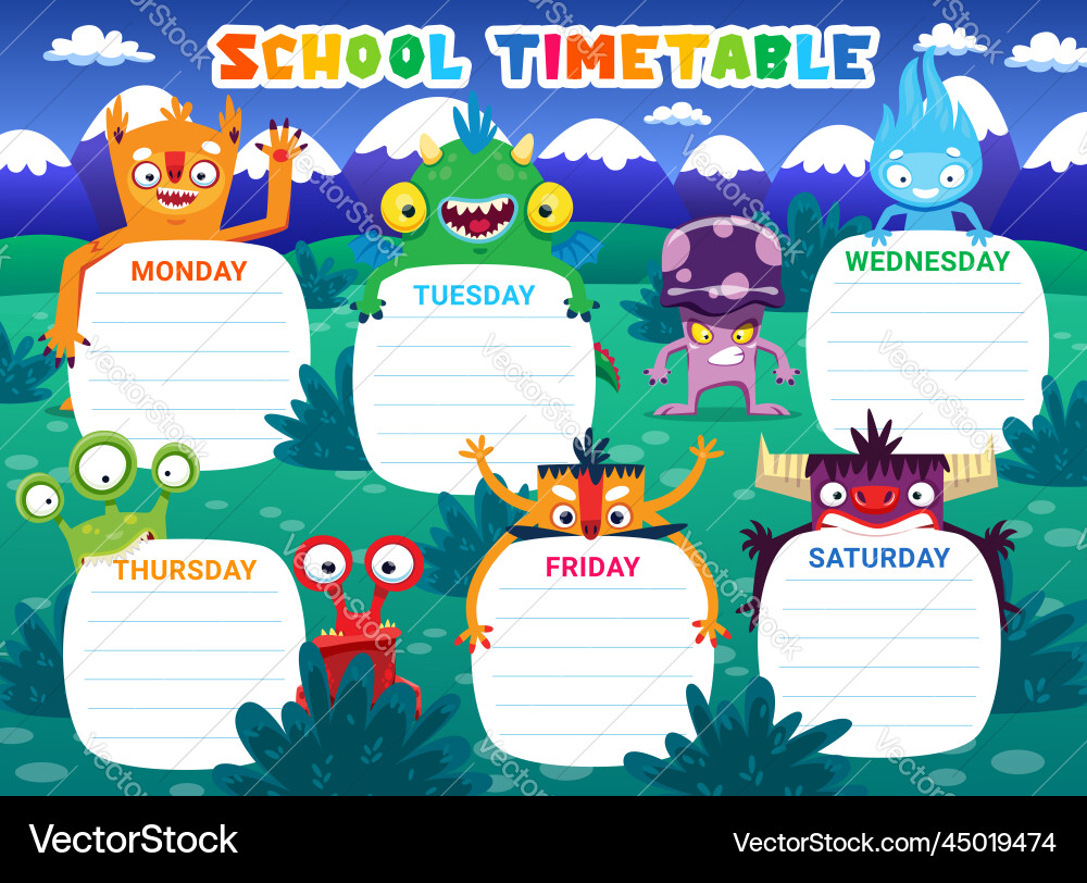 Education timetable schedule monster characters Vector Image
