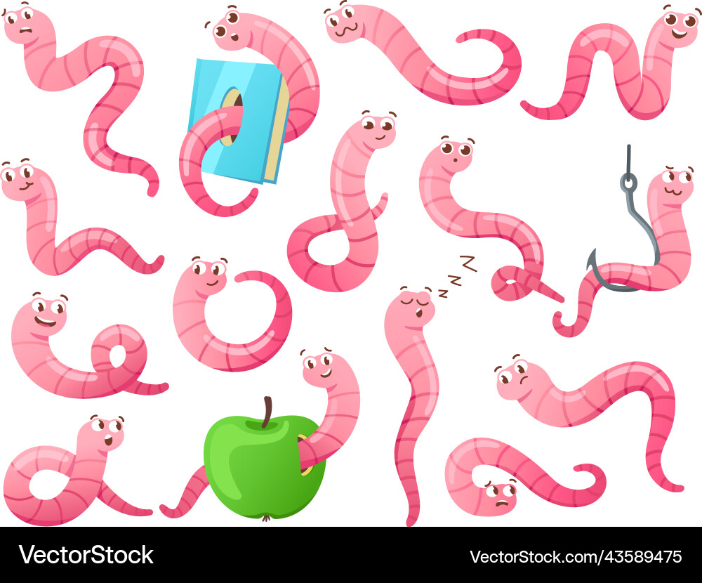 Cartoon worm in different poses crawling Vector Image