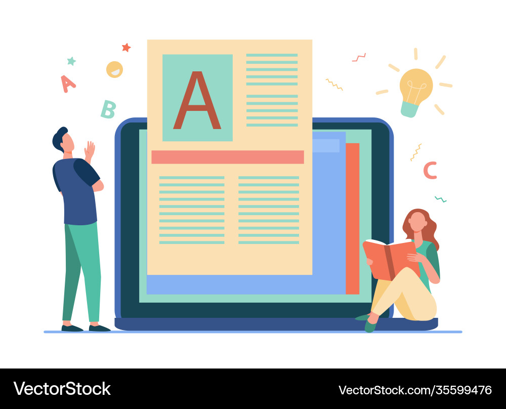 Man creating content for blog and woman reading Vector Image