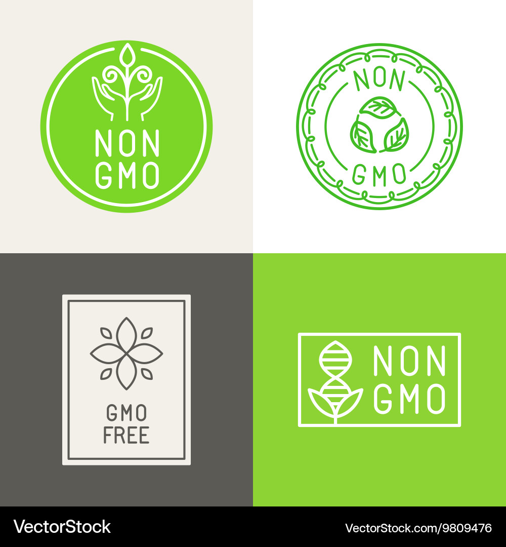 Non gmo natural ingridients labels and emblems Vector Image