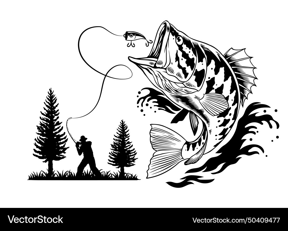 Fisherman catching big bass fish Royalty Free Vector Image