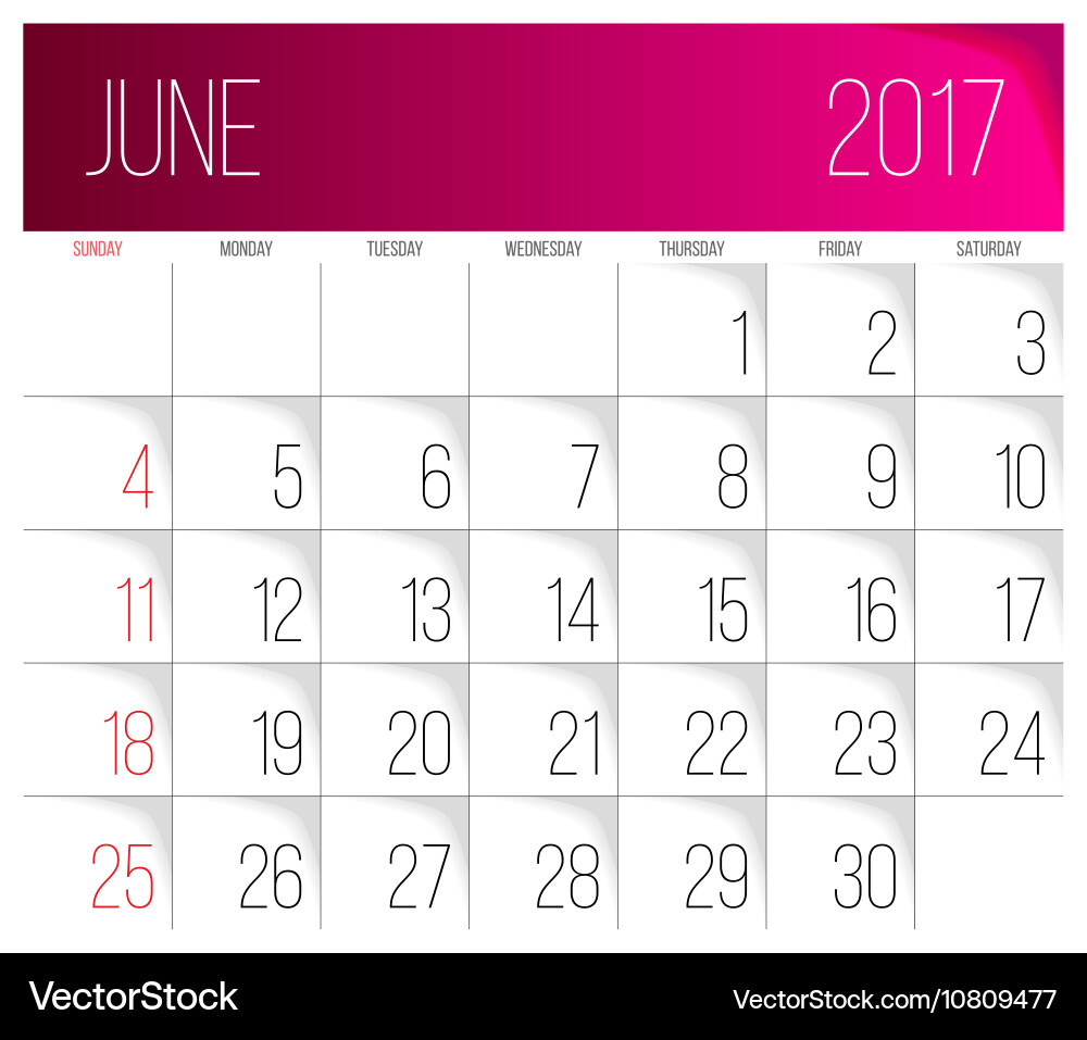 June 2017 calendar template Royalty Free Vector Image