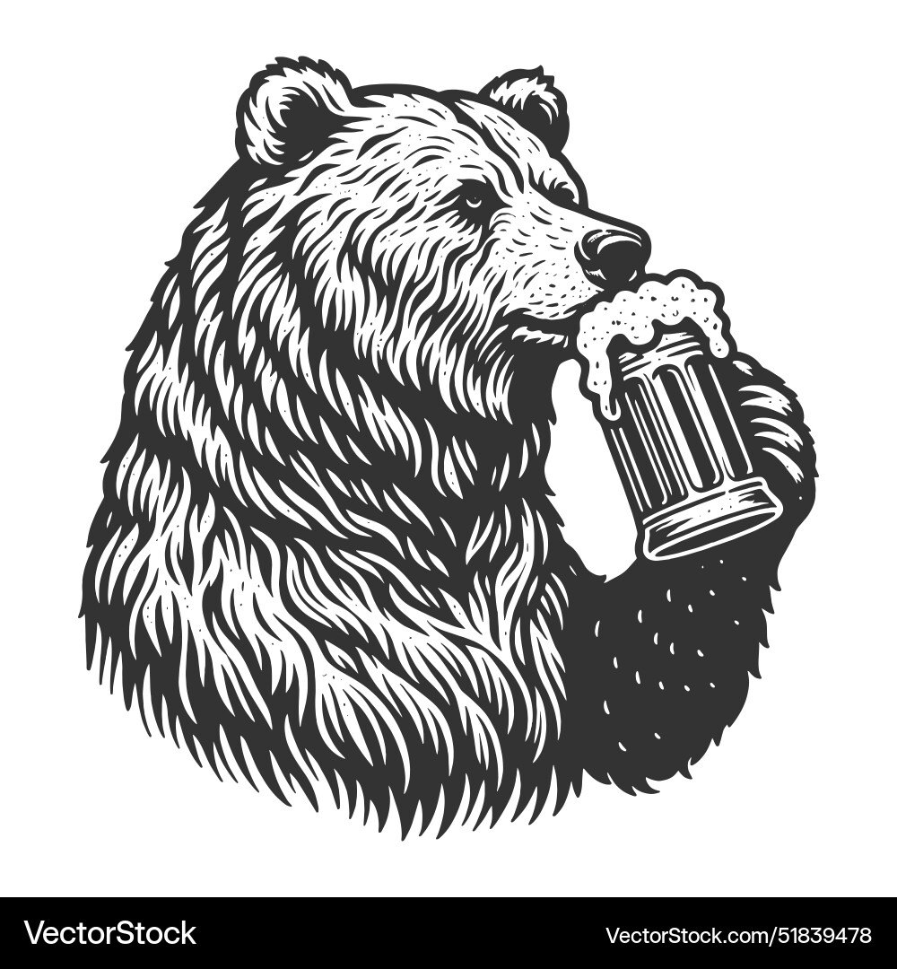 Bear drinking beer engraving Royalty Free Vector Image