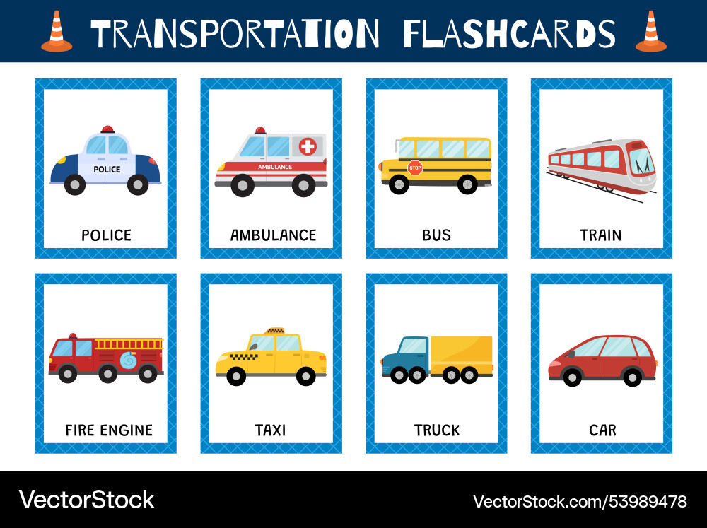 Kids Transportation Flashcards - Vehicles Set Vector Image