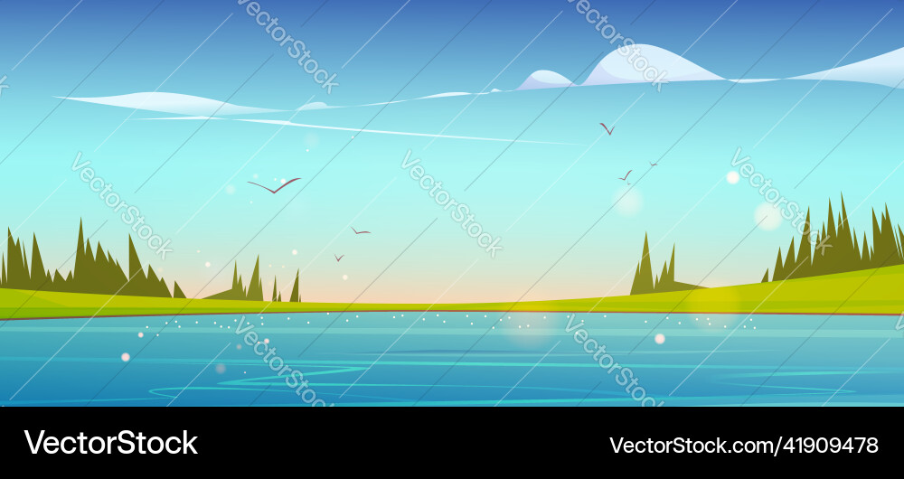 Lake green grass and coniferous trees Royalty Free Vector