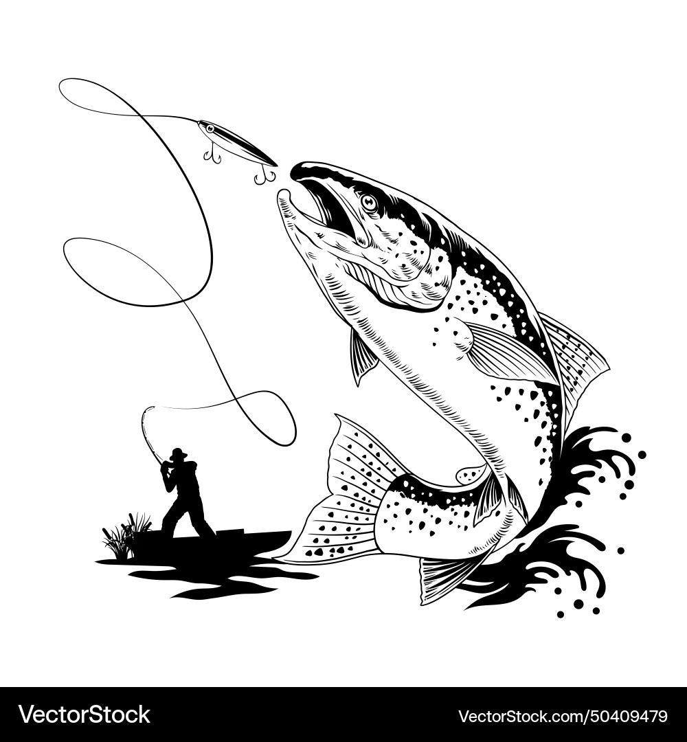 Fisherman catching big trout fish Royalty Free Vector Image