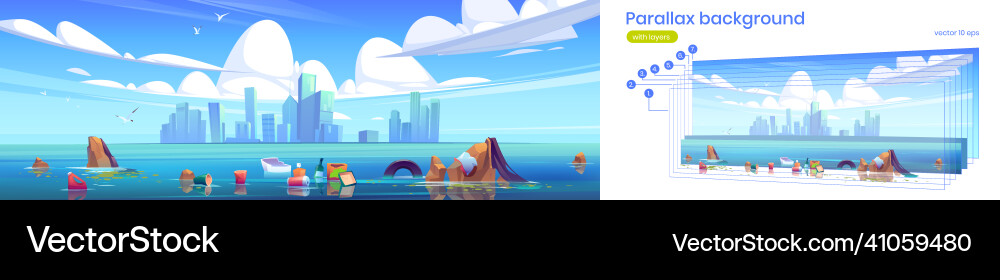 Parallax background with lake trash in water Vector Image