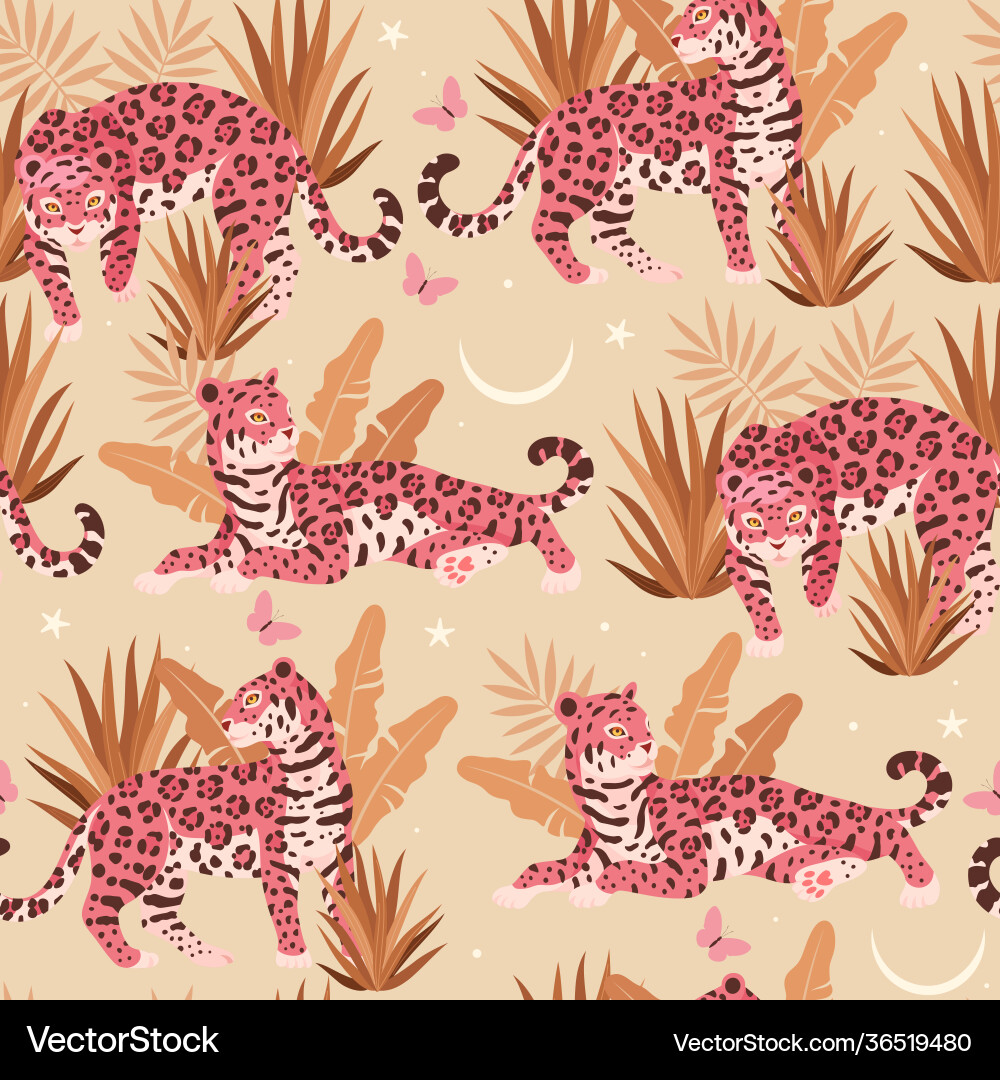 Seamless pattern with cute pink jaguar Royalty Free Vector