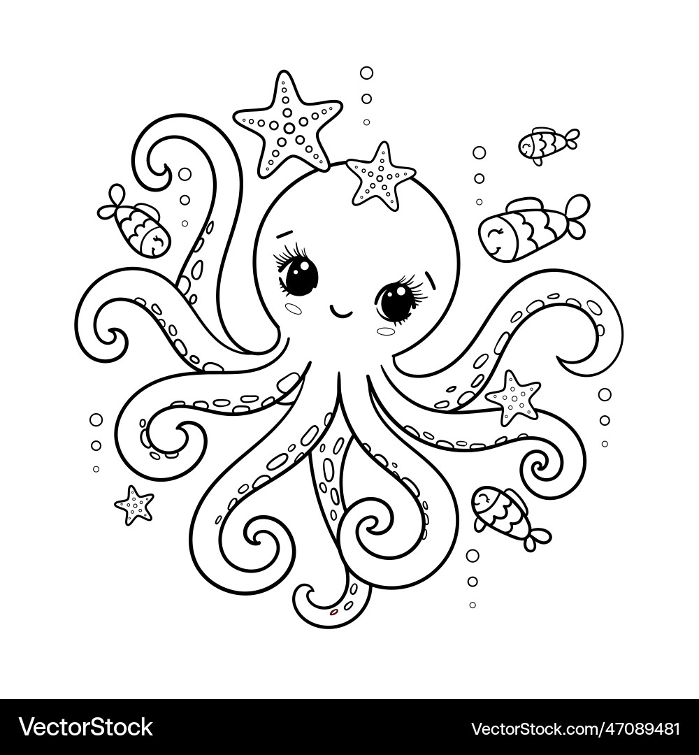 Cute cartoon octopus with fish black and white Vector Image