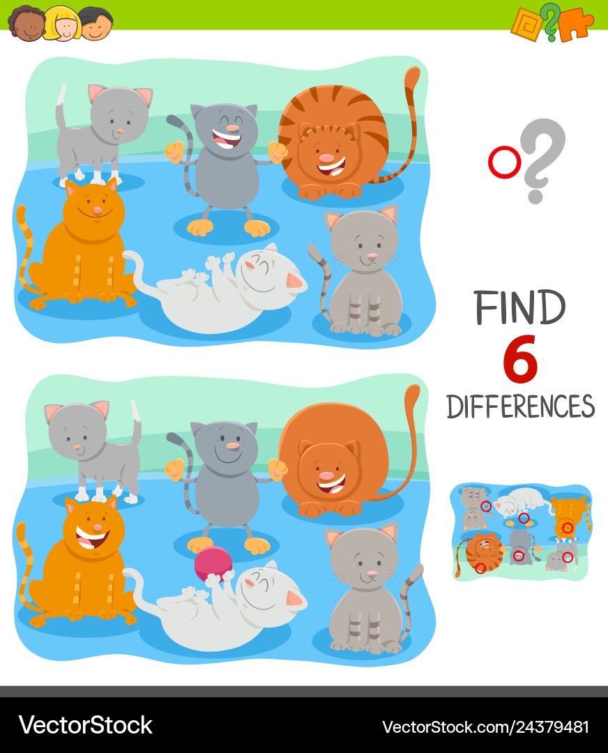 Find differences with cartoon cat characters Vector Image