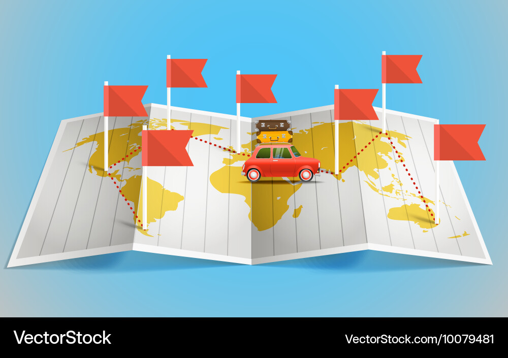 World map with red flag and vehicle Royalty Free Vector