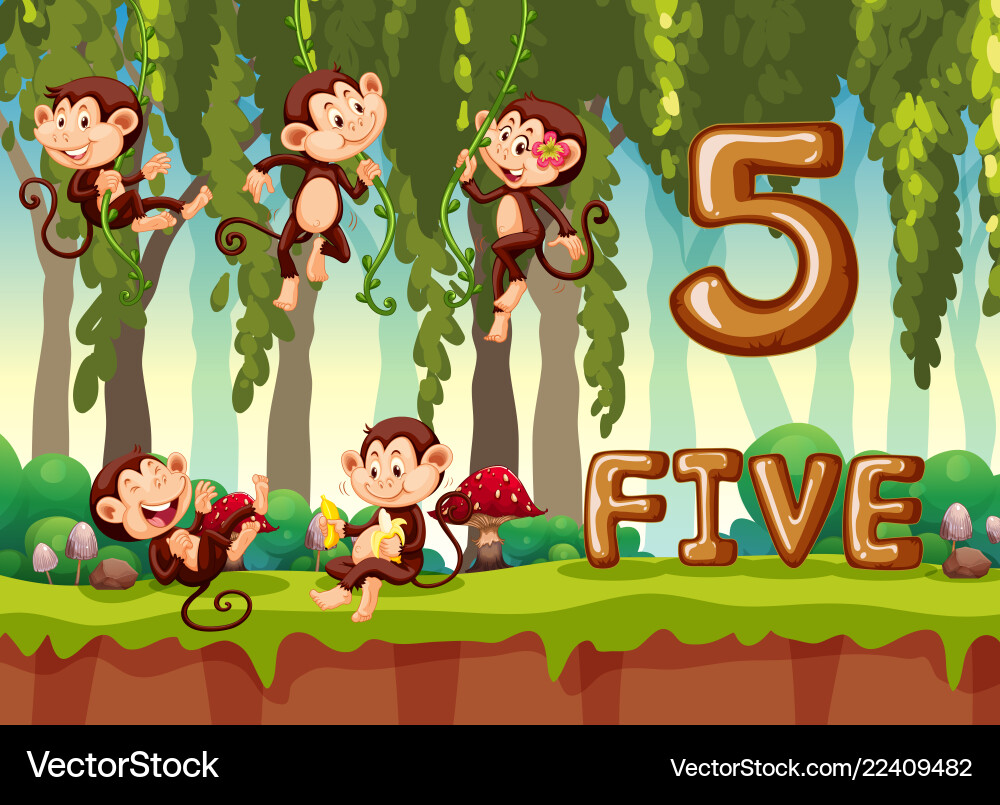 Five monkey in the jungle Royalty Free Vector Image