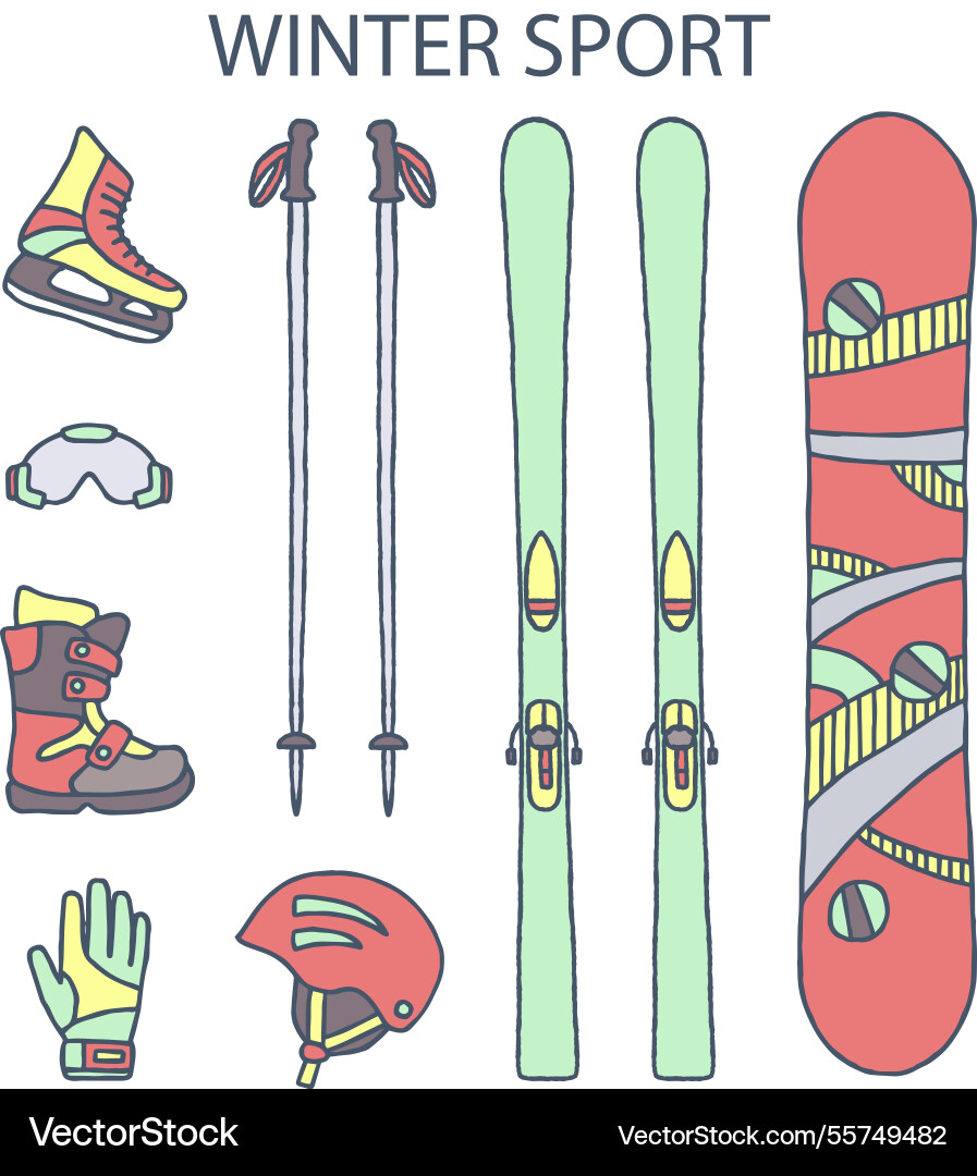 Hand-drawn winter sports equipment Royalty Free Vector Image
