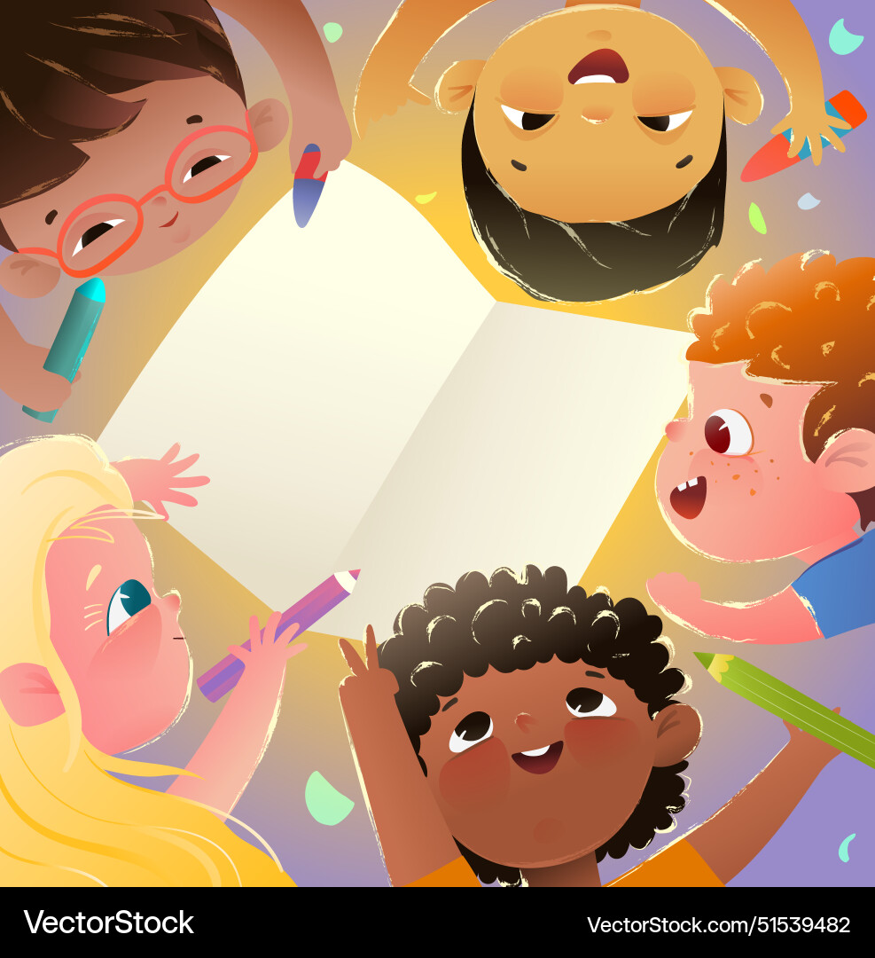 Multinational children study and draw with pencils