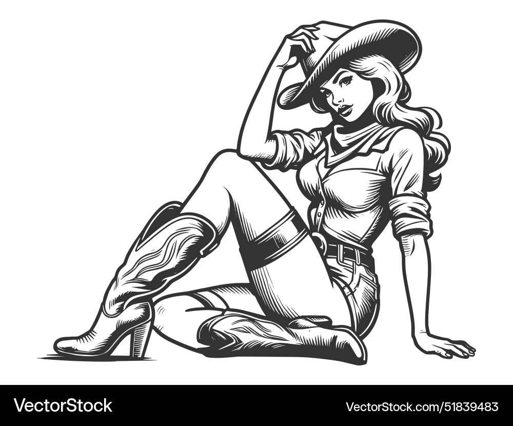 Pin-up cowgirl engraving Royalty Free Vector Image