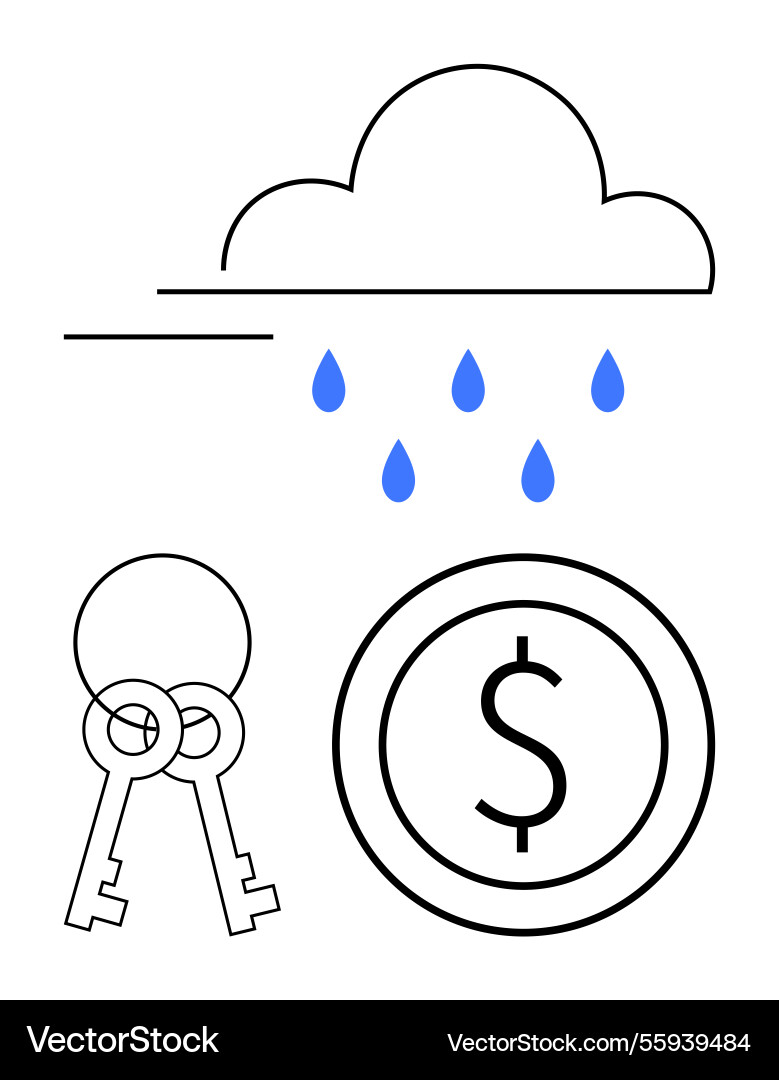 Cloud raining drops beside keys and dollar coin Vector Image