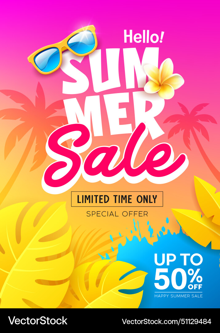 Summer sale tropical yellow leaf colorful poster Vector Image