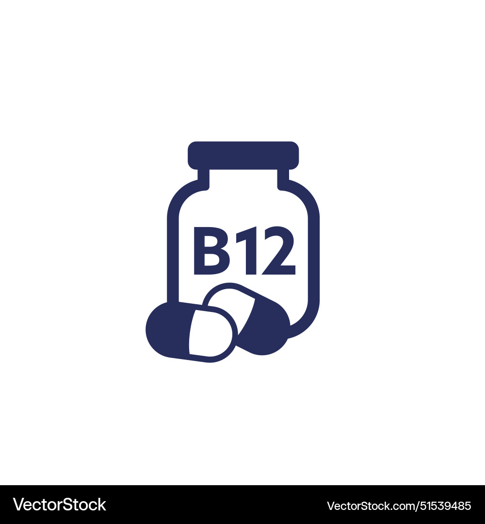 B12 vitamin icon with a bottle Royalty Free Vector Image