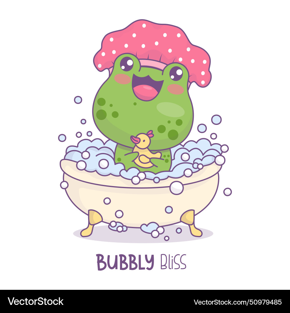 Smiling frog in shower cap bathes bath Royalty Free Vector