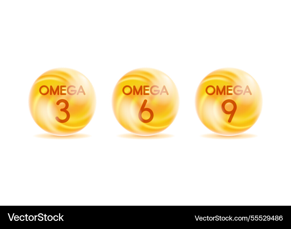 Omega 3 6 9 gold drops icons polyunsaturated Vector Image