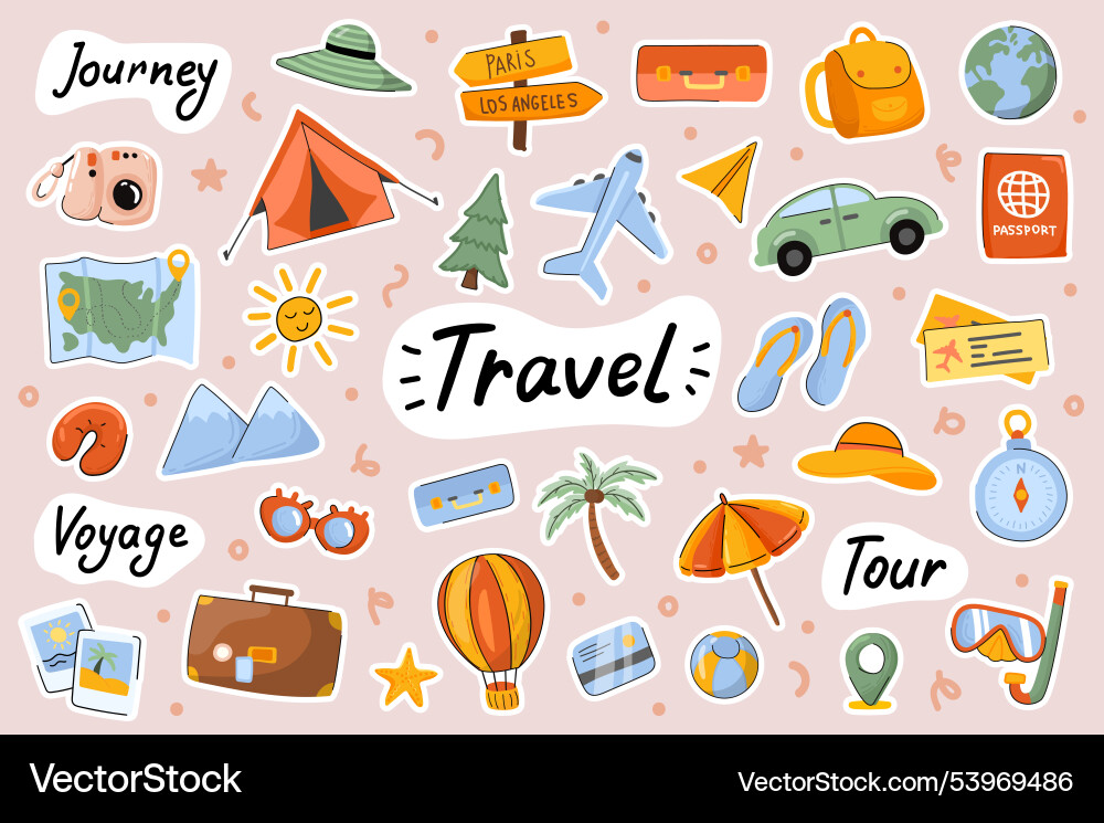 Travel cute stickers template set bundle Vector Image