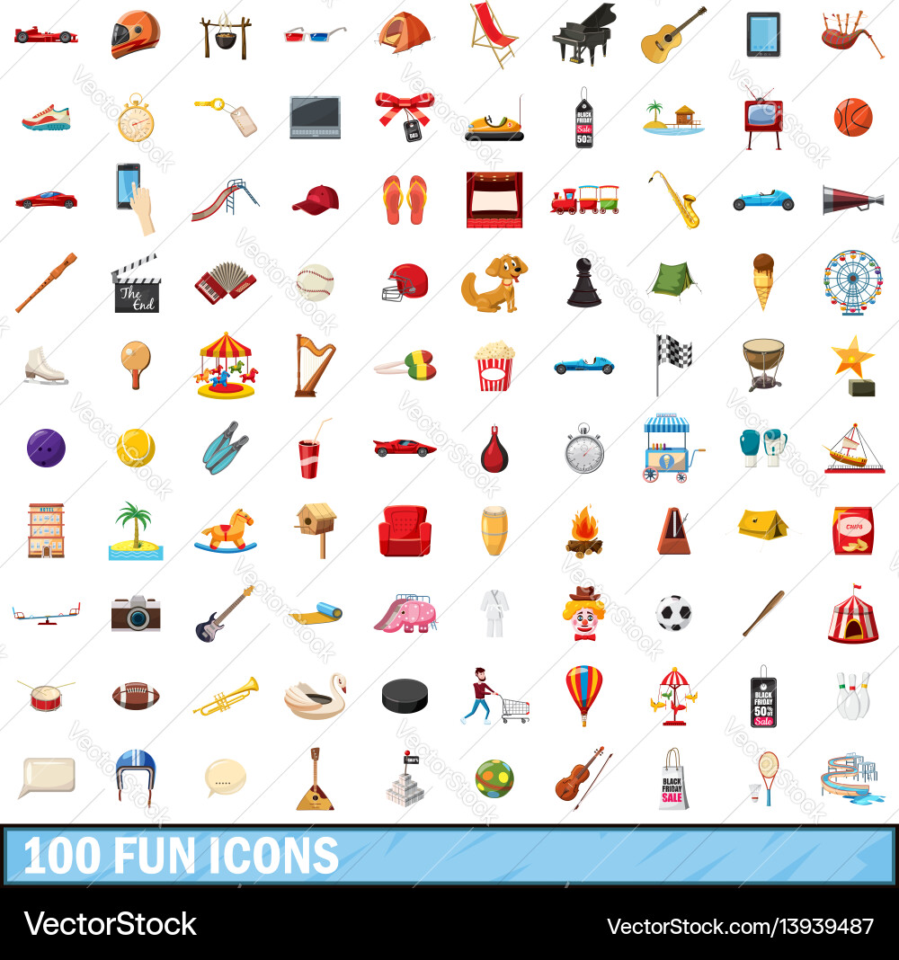 100 fun icons set cartoon style Royalty Free Vector Image