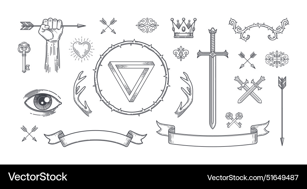 Set of tattoo style line art heraldic elements Vector Image
