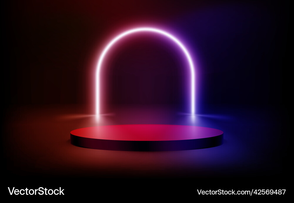 Vivid neon light in dark interior with podium 3d Vector Image