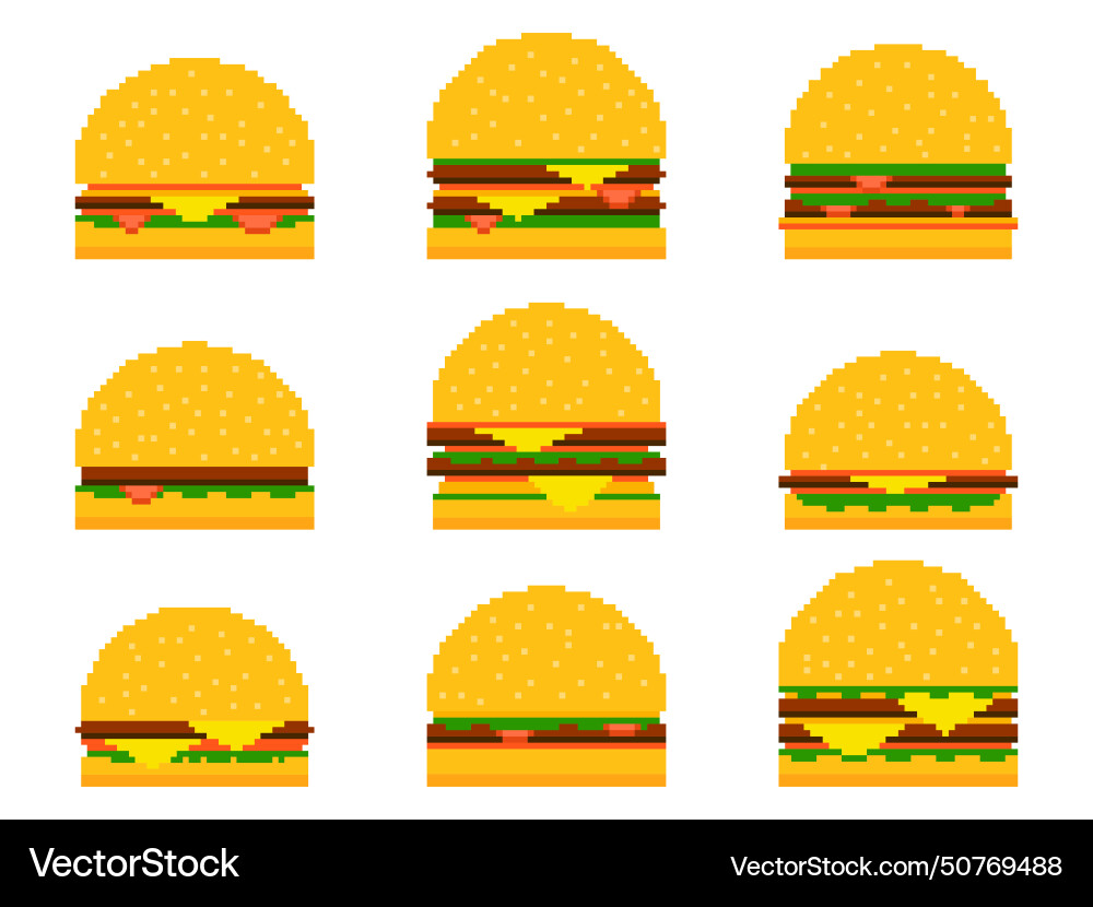 Pixel burger icon set isolated on white Royalty Free Vector