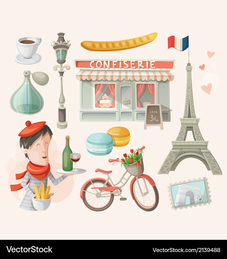 Set of french items Royalty Free Vector Image - VectorStock
